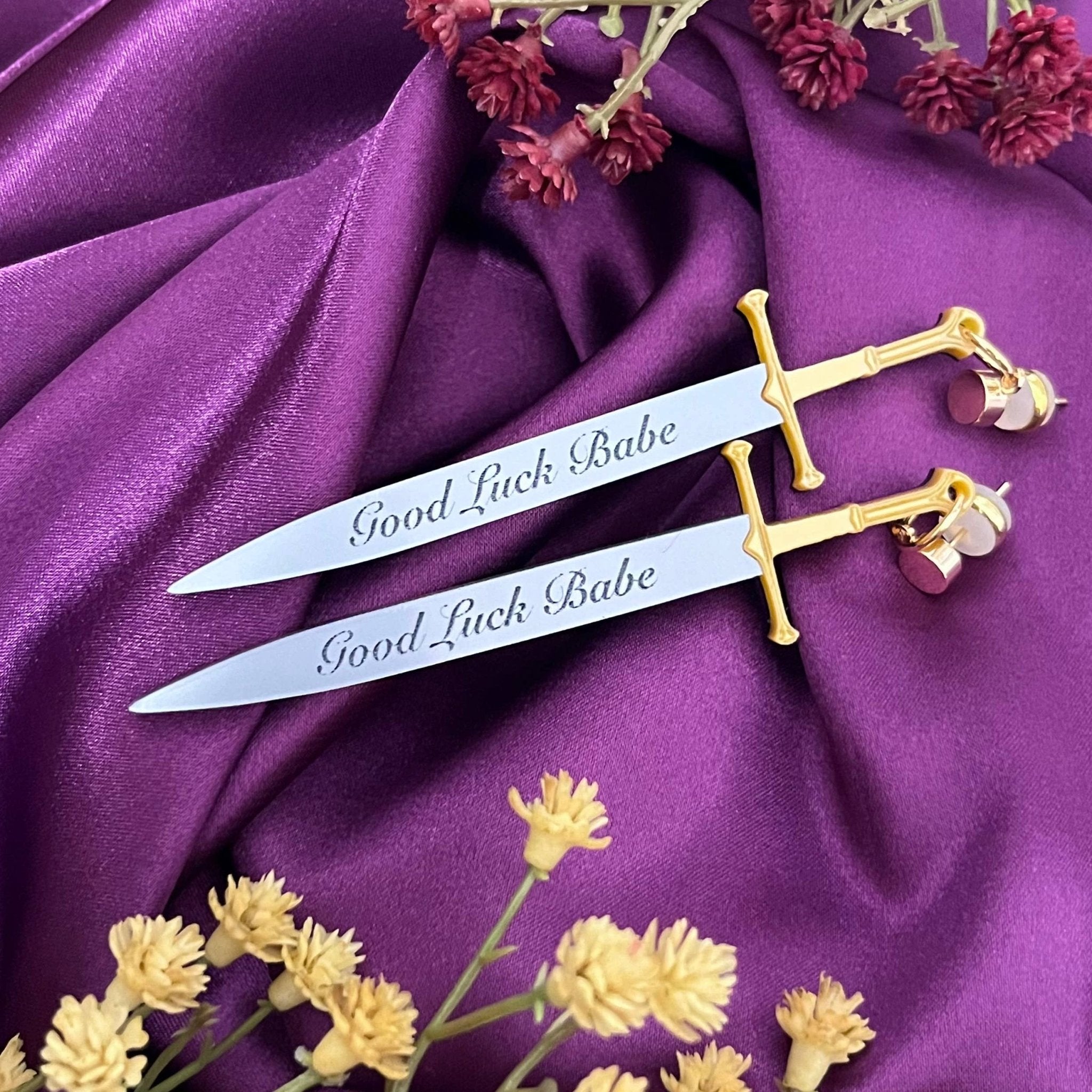 Good Luck Babe Sword Earrings – Lightweight Edgy Jewelry – Fire Inside Me